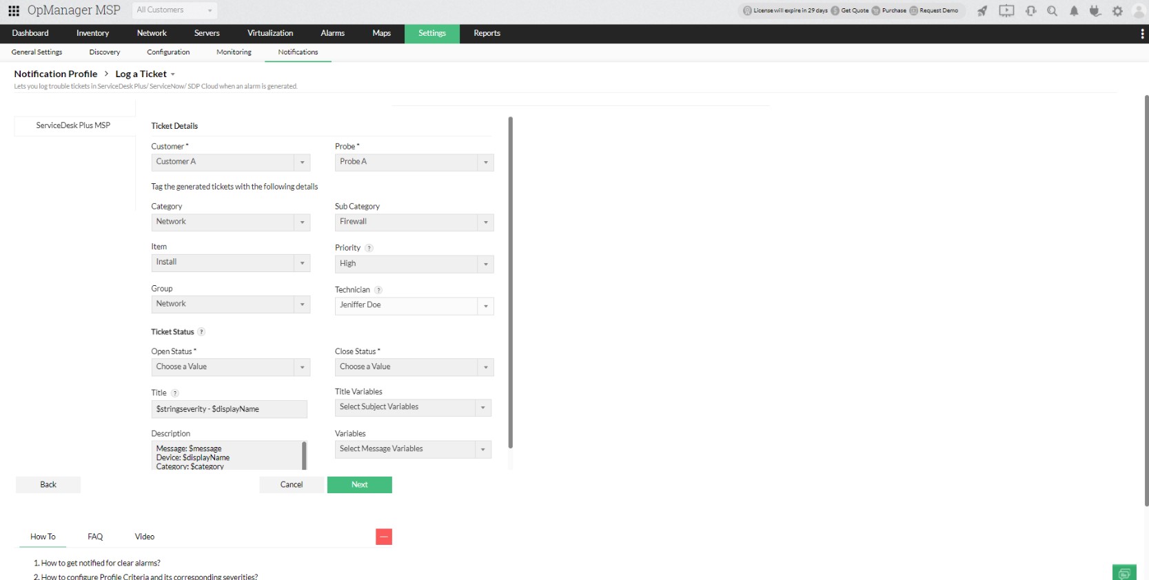 Servicedesk Plus (SDP) MSP Integration with OpManager MSP